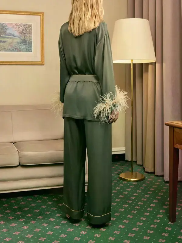 Sleeper Miss Cat Belted Feather-trim Pajama Set