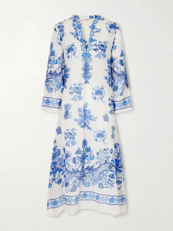 EMPORIO SIRENUSE Giada Floral-print Cotton-voile Kaftan - Blue