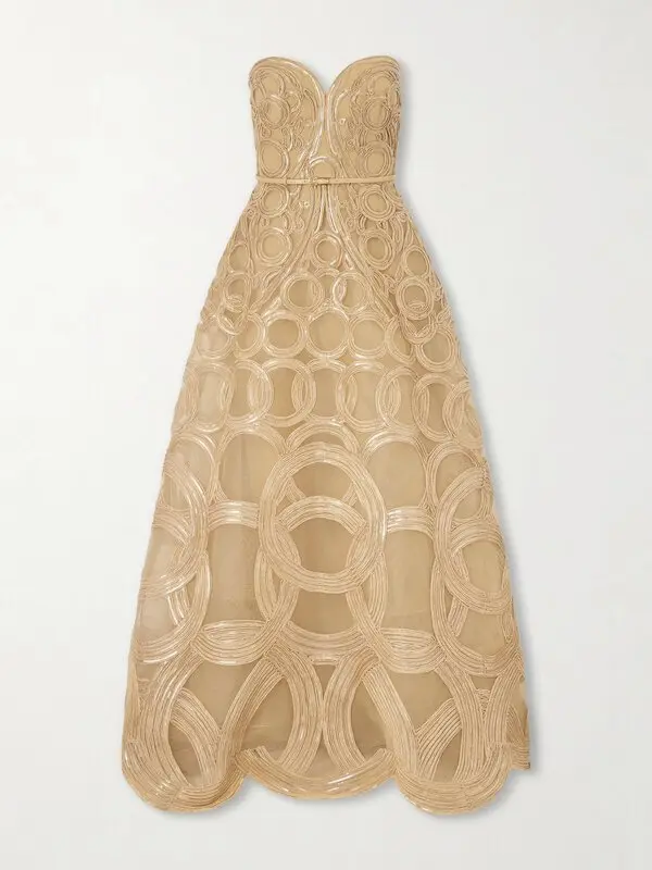 Elie Saab Strapless Sequin-embellished Raffia-trimmed Tulle Midi Dress - Neutrals