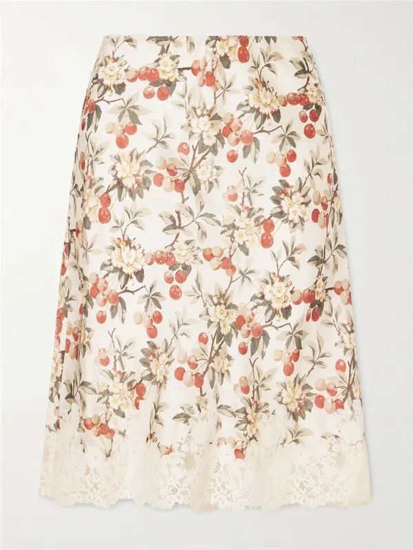 DÔEN Elowette Floral-print Silk-satin Midi Skirt With Lace Trim - Multi