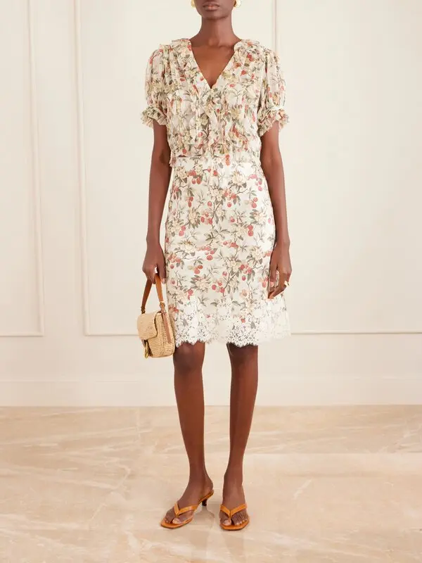 DÔEN Elowette Floral-print Silk-satin Midi Skirt With Lace Trim - Multi
