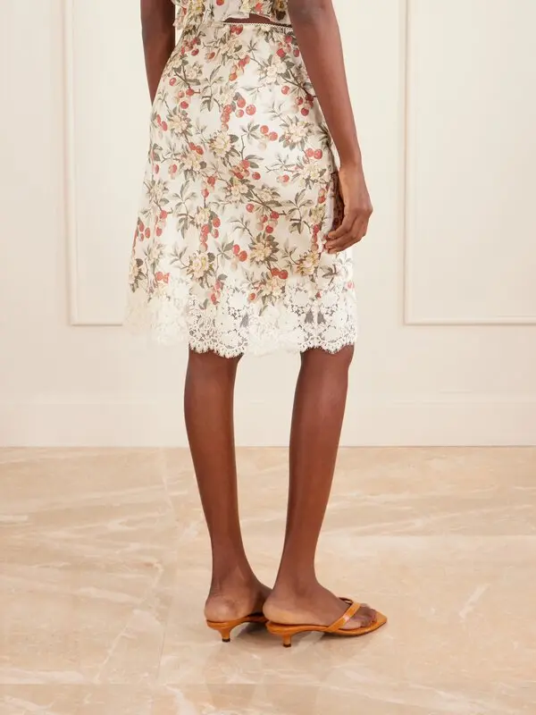 DÔEN Elowette Floral-print Silk-satin Midi Skirt With Lace Trim - Multi