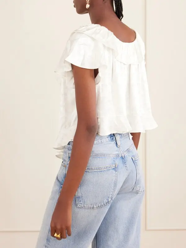 DÔEN Floriette Satin-jacquard Blouse With Ruffles - White
