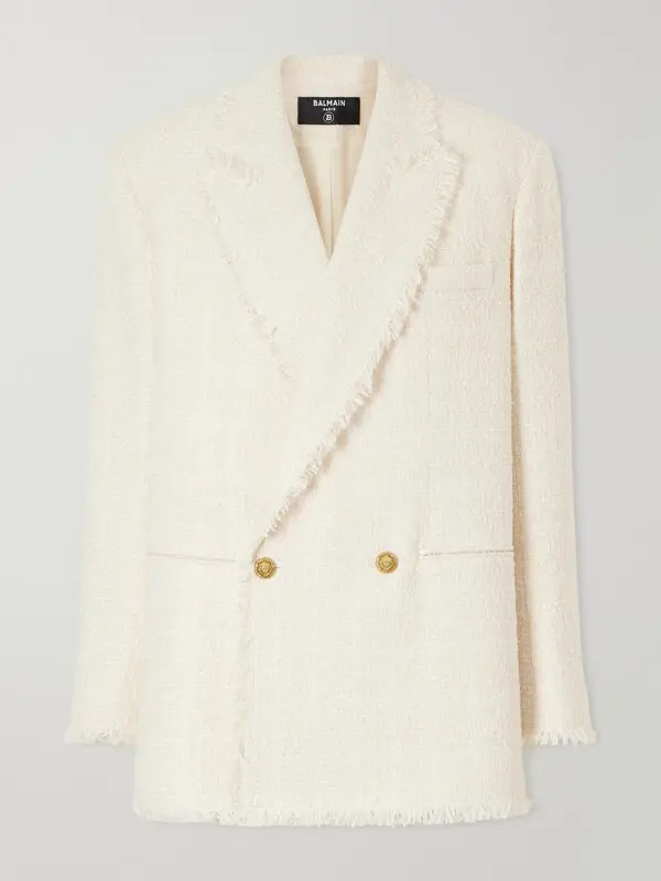 Balmain Double-breasted Frayed Wool And Cotton-blend Tweed Blazer - Neutrals
