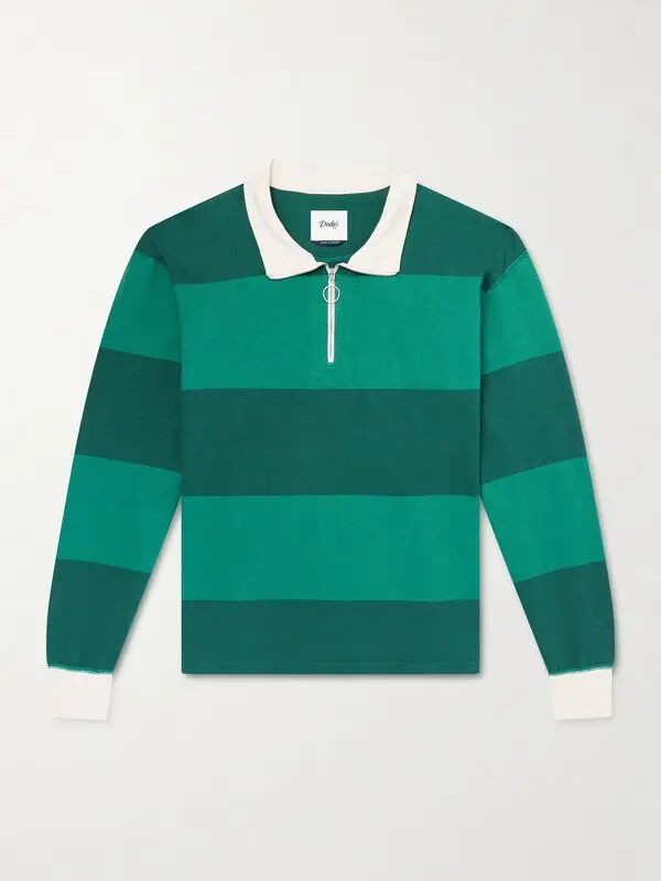 DRAKE'S Striped Cotton-jersey Quarter-zip Polo Shirt