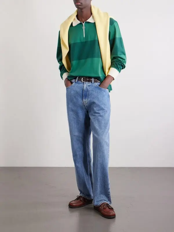 DRAKE'S Striped Cotton-jersey Quarter-zip Polo Shirt