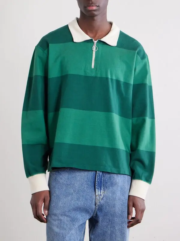 DRAKE'S Striped Cotton-jersey Quarter-zip Polo Shirt