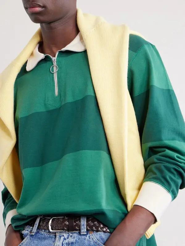 DRAKE'S Striped Cotton-jersey Quarter-zip Polo Shirt