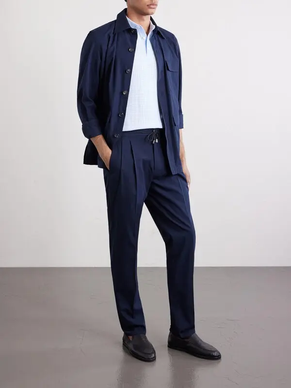 DE PETRILLO Straight-leg Pleated Cotton-twill Trousers - Blue