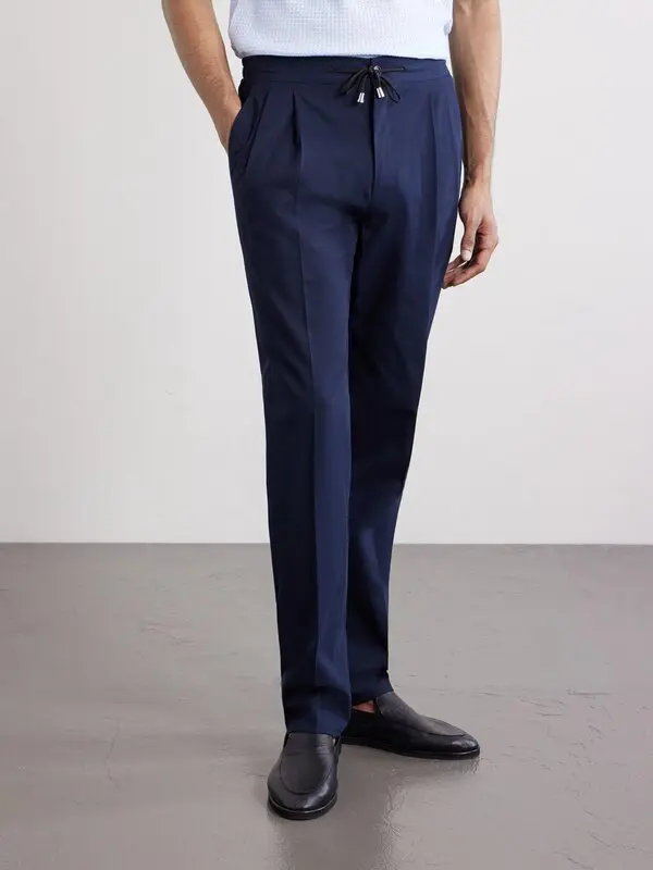 DE PETRILLO Straight-leg Pleated Cotton-twill Trousers - Blue