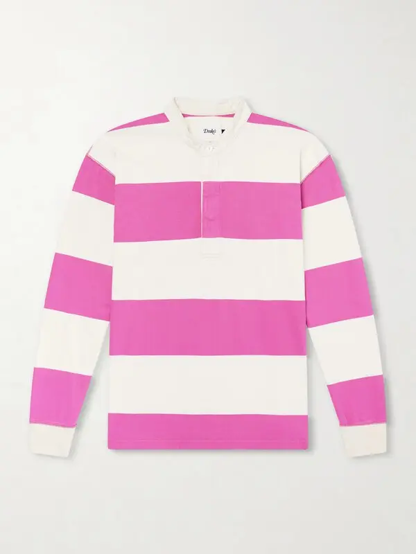 DRAKE'S Grandad-collar Striped Cotton-jersey Half-placket Shirt - Pink
