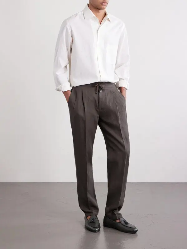 DE PETRILLO Straight-leg Pleated Linen Suit Trousers - Brown