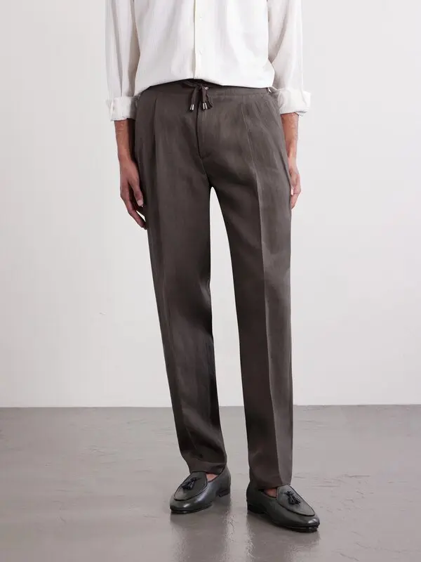DE PETRILLO Straight-leg Pleated Linen Suit Trousers - Brown