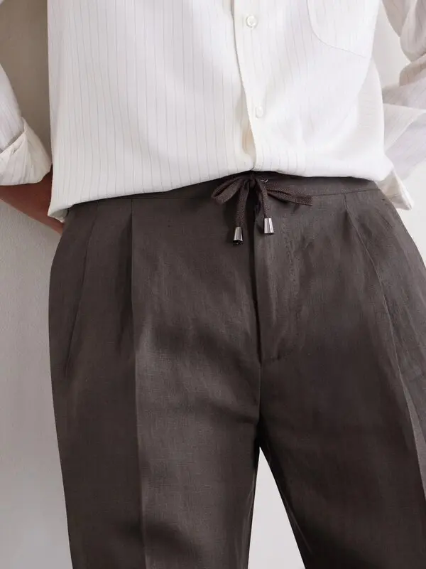 DE PETRILLO Straight-leg Pleated Linen Suit Trousers - Brown