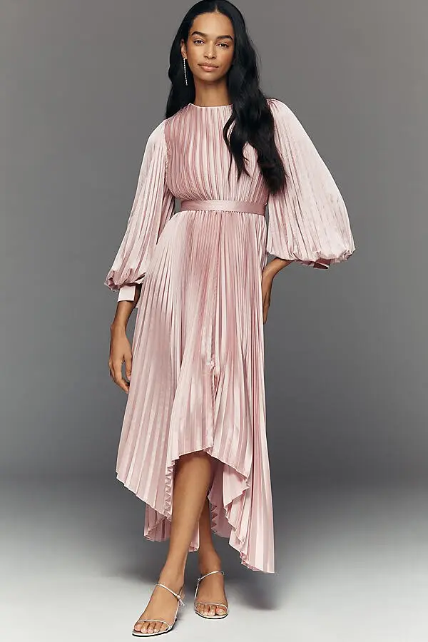Mac Duggal Pleated Charmeuse Long-sleeve Midi Dress - Blush Pink