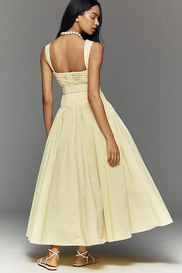 light yellow drop waist dress Mac Duggal Belted Drop-Waist Midi Dress - Light Yellow