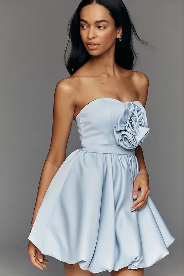 Mac Duggal Rosette Strapless Bubble Mini Dress - Blue