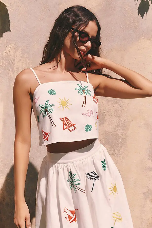 FLAT WHITE Tropical Embroidered Tank Top