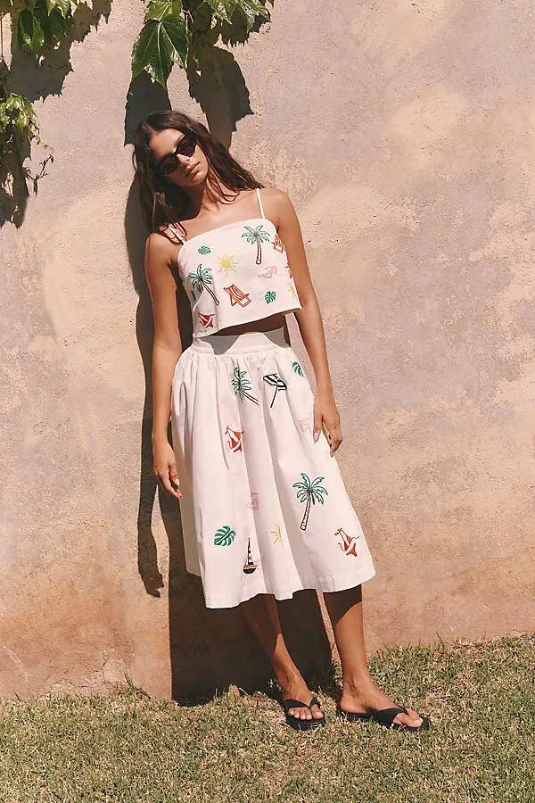 FLAT WHITE Tropical Embroidered Tank Top