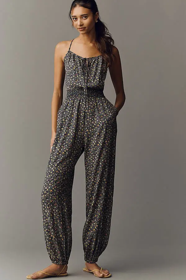 SELF CONTRAST Floral Smocked Jumpsuit - Black Floral