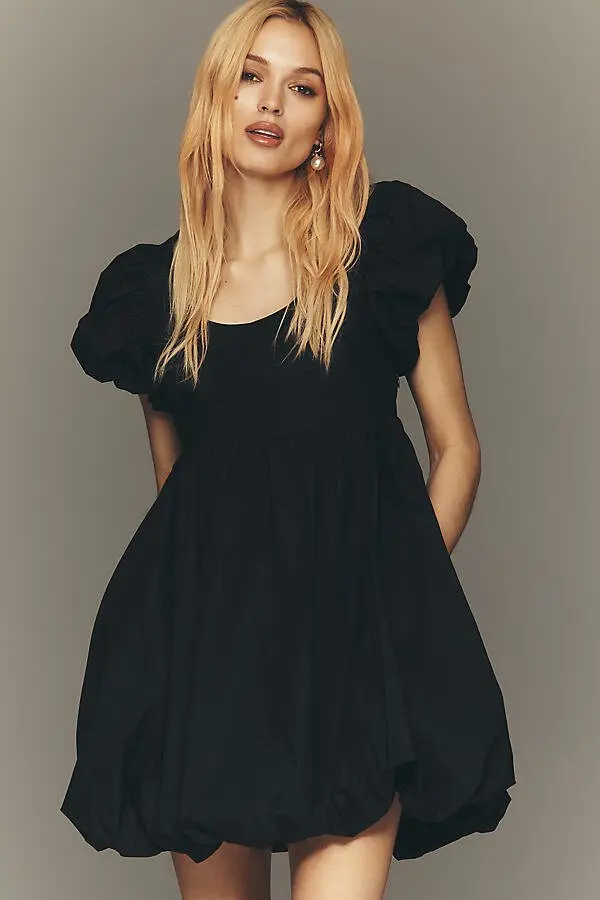 English Factory Puff-sleeve Bubble Mini Dress - Black