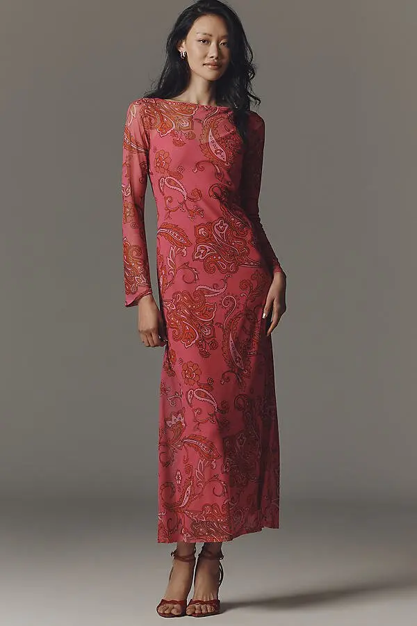 NEVER FULLY DRESSED Mesh Long-sleeve Midi Dress
