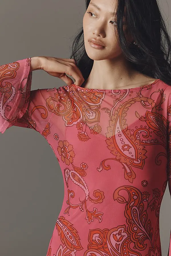 NEVER FULLY DRESSED Mesh Long-sleeve Midi Dress