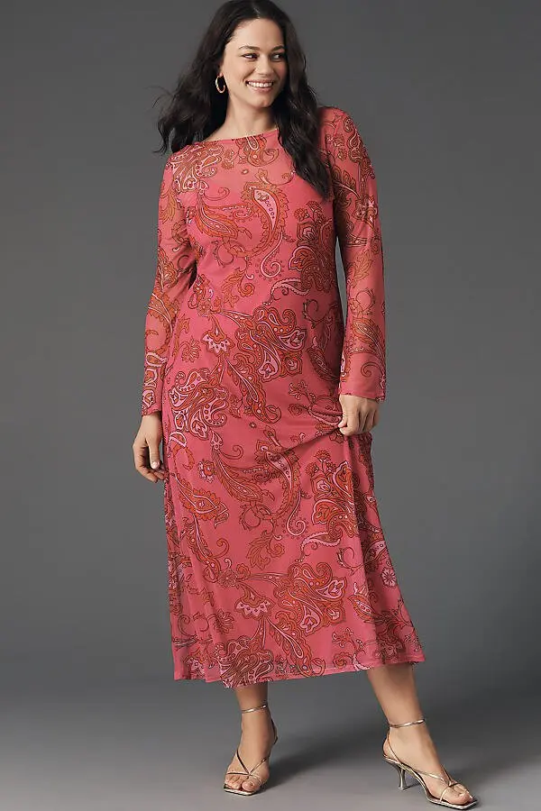 NEVER FULLY DRESSED Mesh Long-sleeve Midi Dress
