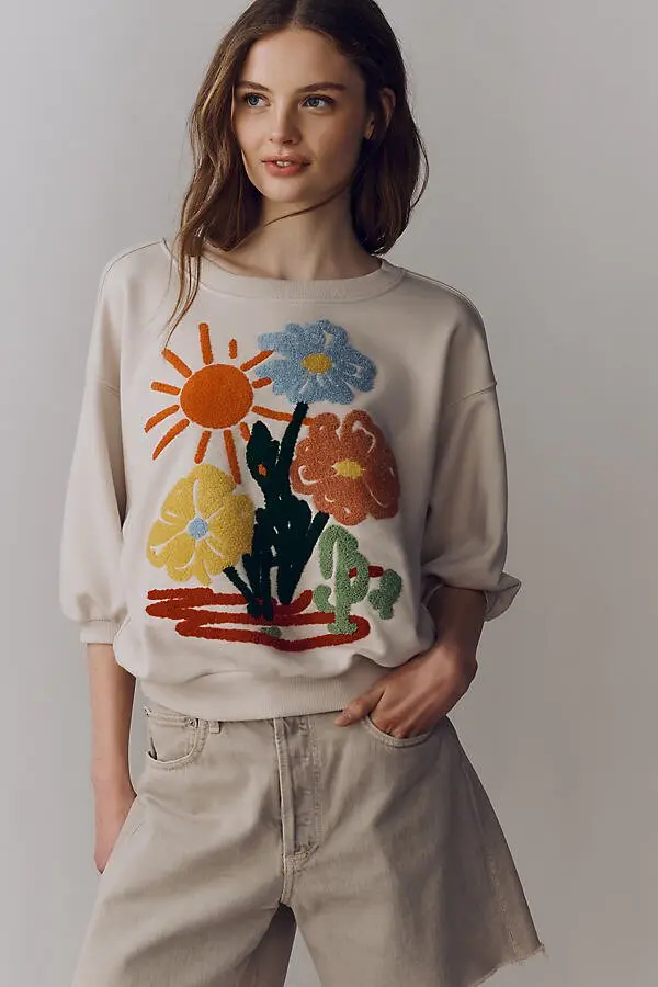 PILCRO Embroidered Relaxed Pullover - Ivory Pattern