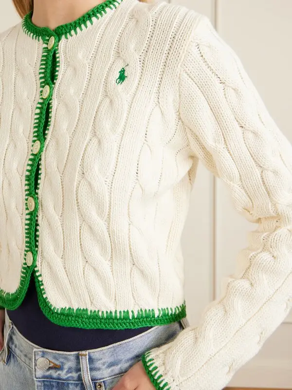 Polo Ralph Lauren Embroidered Cable-knit Cotton-blend Cardigan