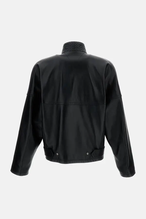 Bottega Veneta Leather Jacket With Interwoven Collar - Black