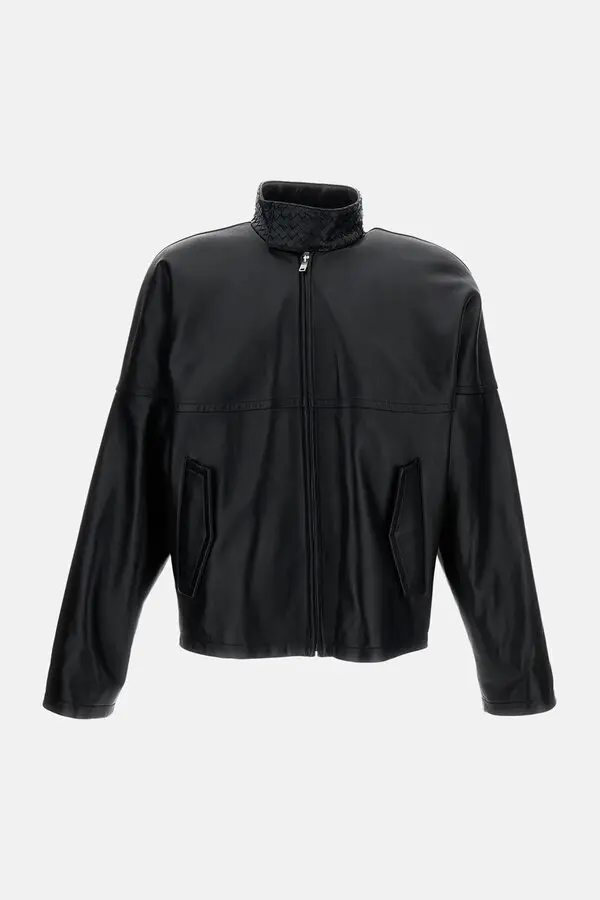 Bottega Veneta Leather Jacket With Interwoven Collar - Black