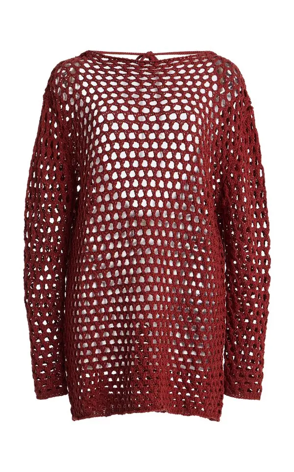 ZULU & ZEPHYR Crocheted Cotton-linen Mini Tunic Dress - Burgundy