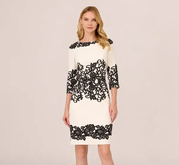 Adrianna Papell Petite Scroll Lace Midi Dress With Three Quarter Sleeves In Ivory Black - Ivory/black