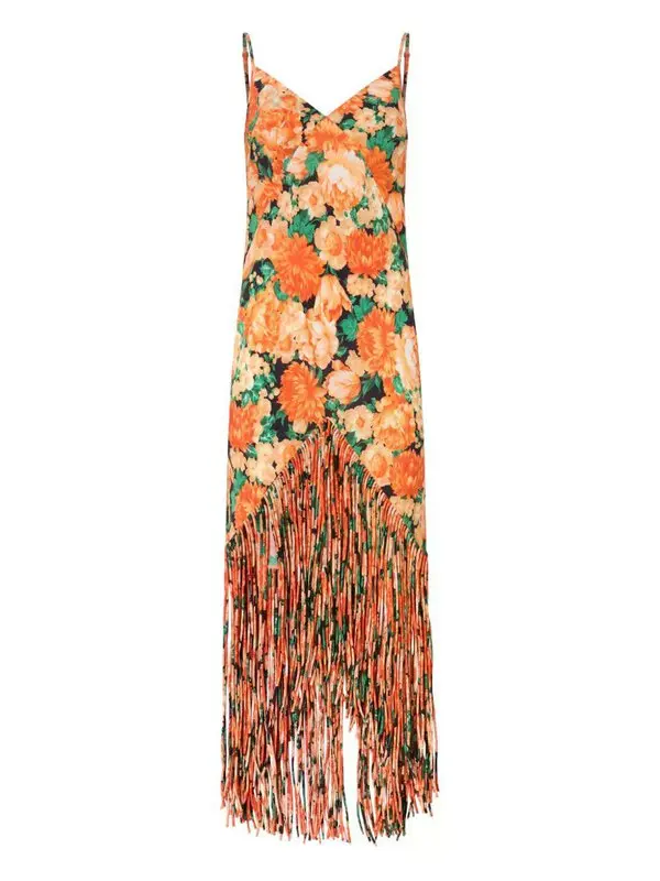 Pinko Botanic Garden Floral Fringe Maxi Dress - Orange