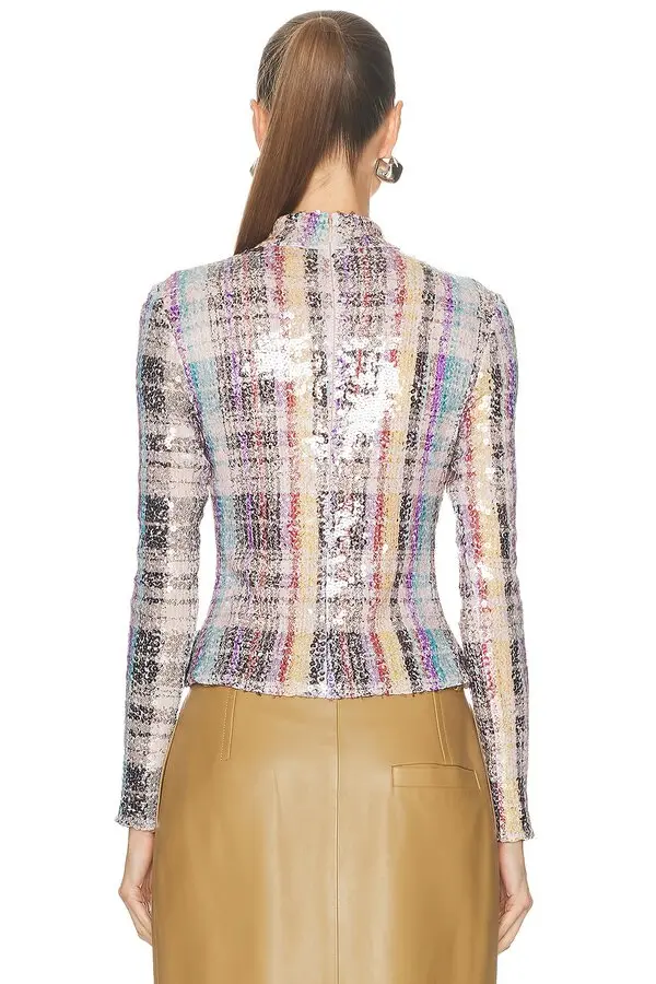 Brandon Maxwell Maven Paillette Mock Neck Shirt - Multicolor Plaid