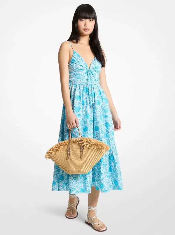 Michael Kors Floral Print Cotton Poplin Midi Dress - Blue