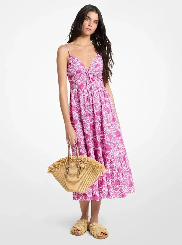 Michael Kors Floral Print Cotton Poplin Midi Dress - Pink