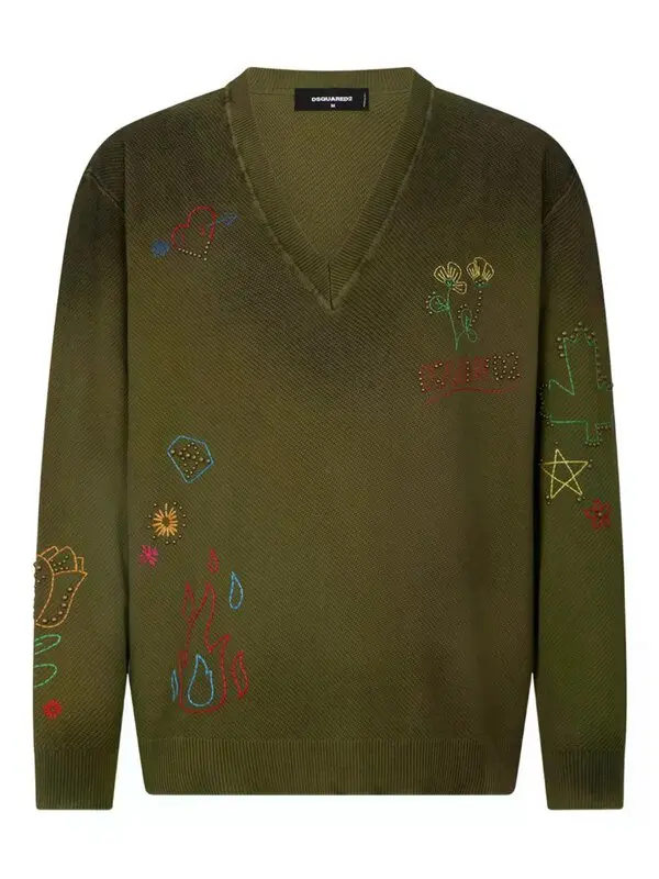 Dsquared2 V-neck Pullover Sweater With Scribbled Embellishments
