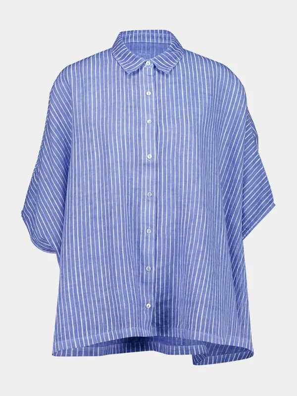 120% Lino Striped Linen Short-sleeve Shirt - Blue