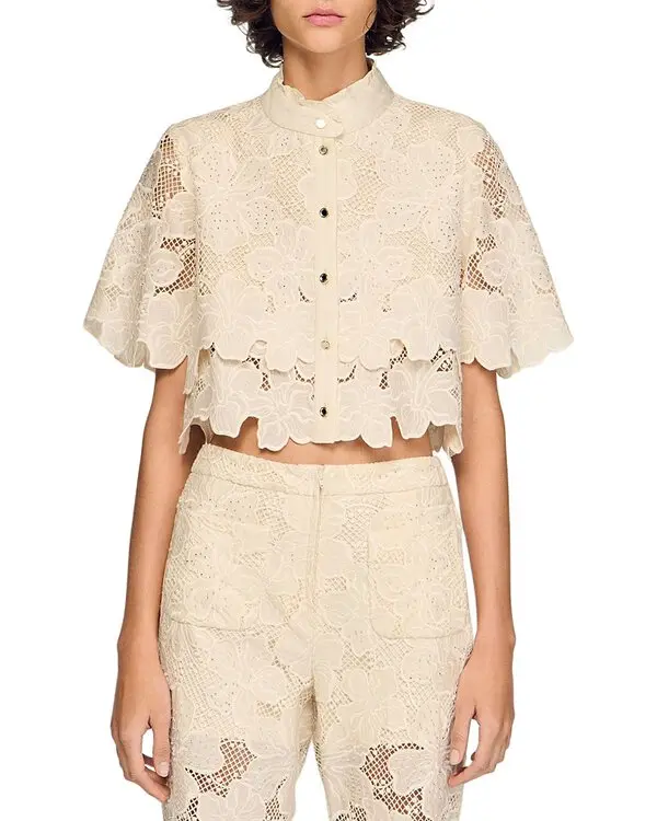 Sandro Ame Cropped Floral Guipure Lace Shirt