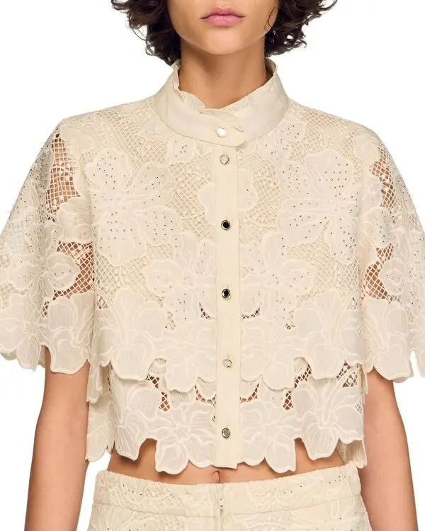 Sandro Ame Cropped Floral Guipure Lace Shirt
