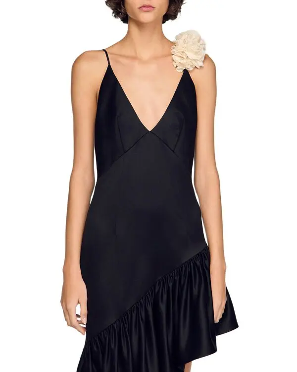 Sandro Ruffled Asymmetrical Mini Dress - Black
