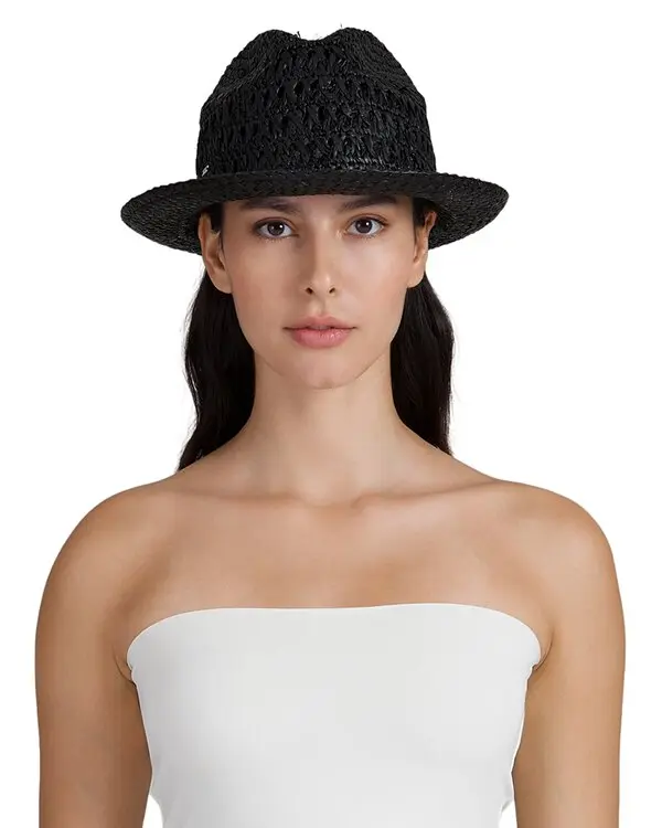 Eugenia Kim Lacquered Open Weave Raffia Fedora - Black