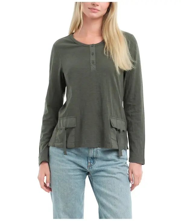 Wilt Button Placket Pocketed Long Sleeve Tee - Kambaba