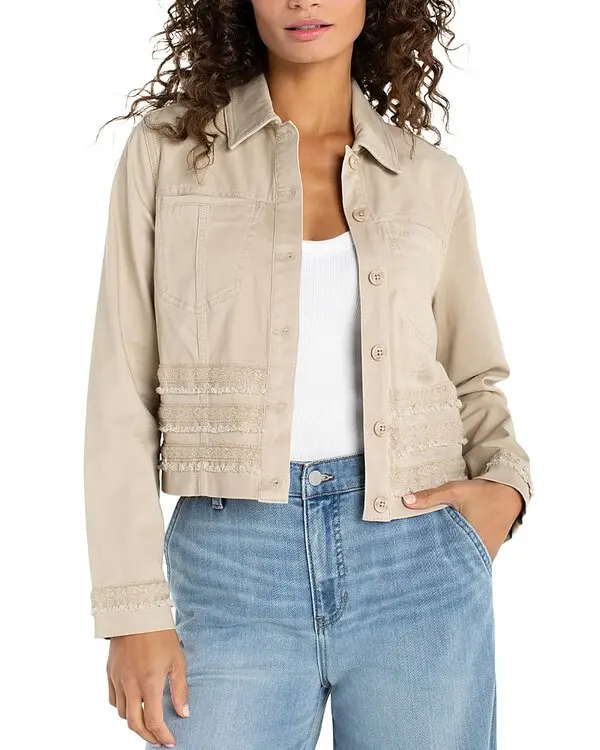 LIVERPOOL Denim Trucker Jacket With Fray And Lace - Safari Sand
