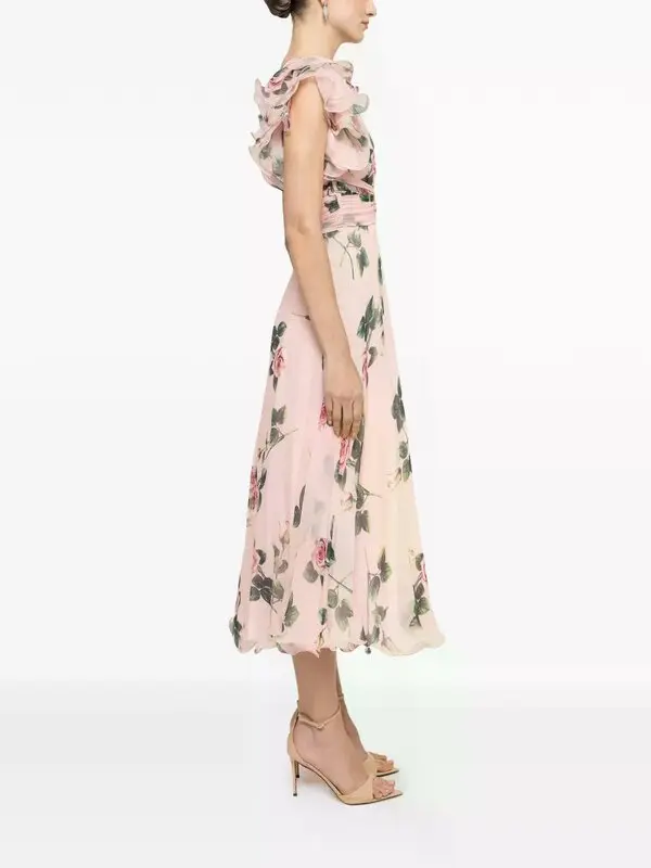 NISSA Ruffled Floral Silk Midi Dress