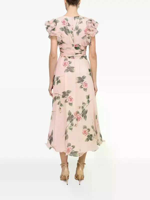 NISSA Ruffled Floral Silk Midi Dress