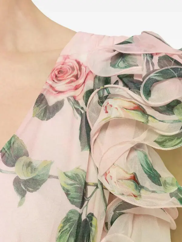 NISSA Ruffled Floral Silk Midi Dress