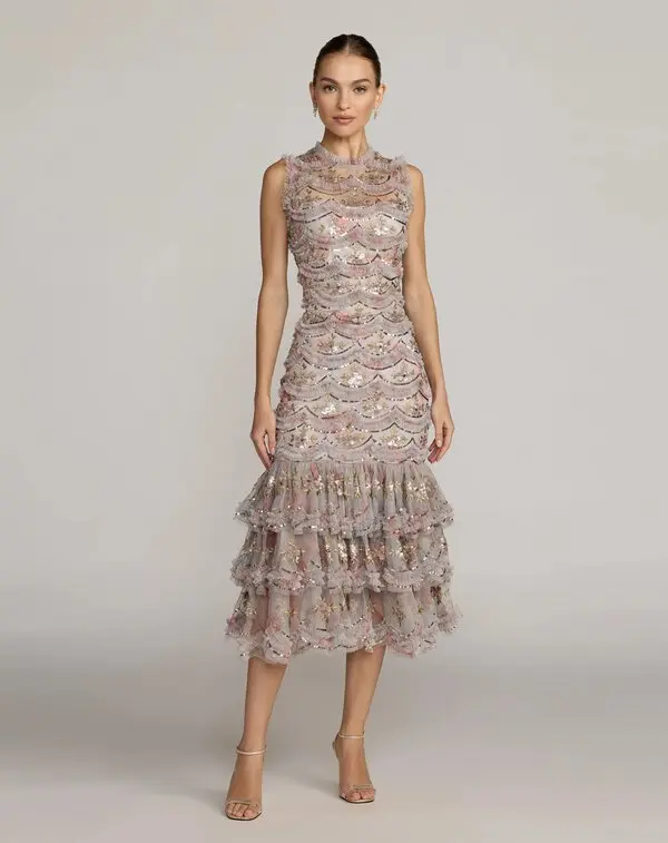 Mac Duggal Floral-print Sleeveless Sequin Tiered Ruffle Midi Dress
